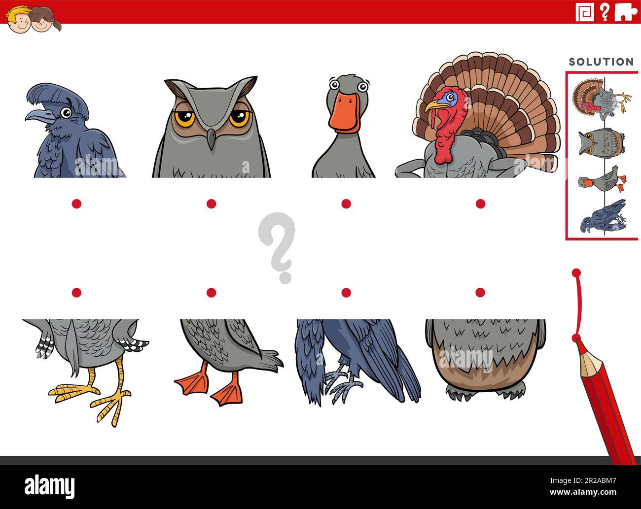 Cartoon illustration of educational game of matching halves of pictures ...