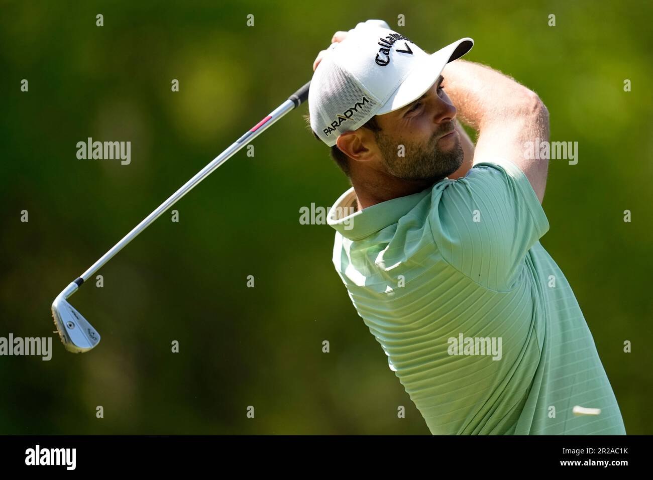Adri Arnaus, of Spain, watches his tee shot on the third hole during ...