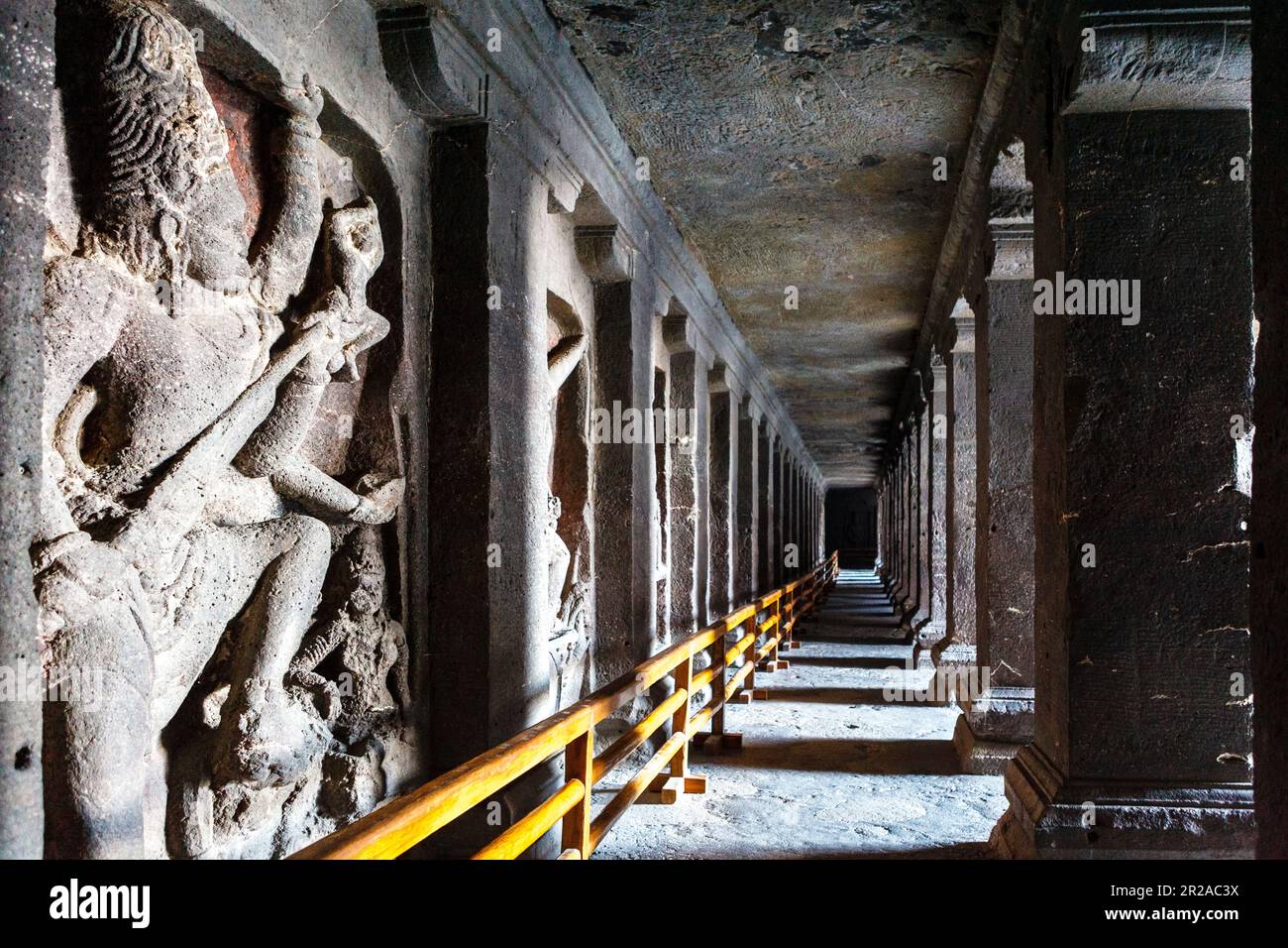 Arcade with reliefs of Hindu Gods inside of the Kailasa temple, Ellora ...