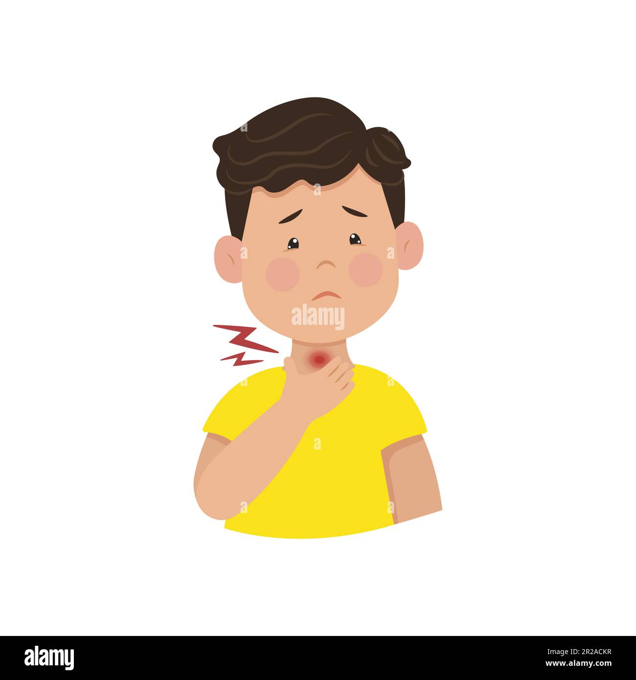 Child has a sore throat, The sad boy holds his neck. Sore throat ...