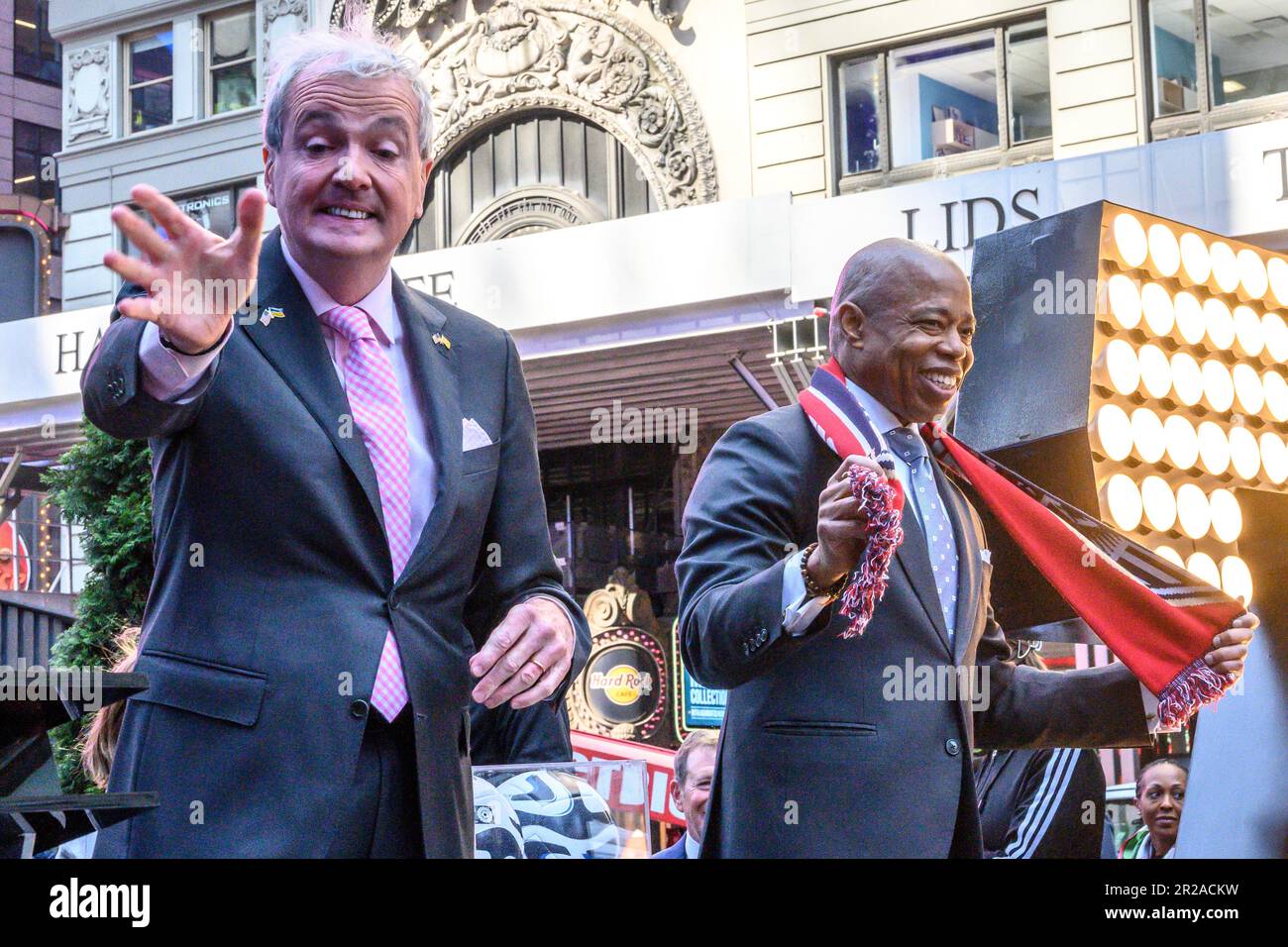 New York, USA. 18th May, 2023. New Jersey Governor Phil Murphy (L) and ...