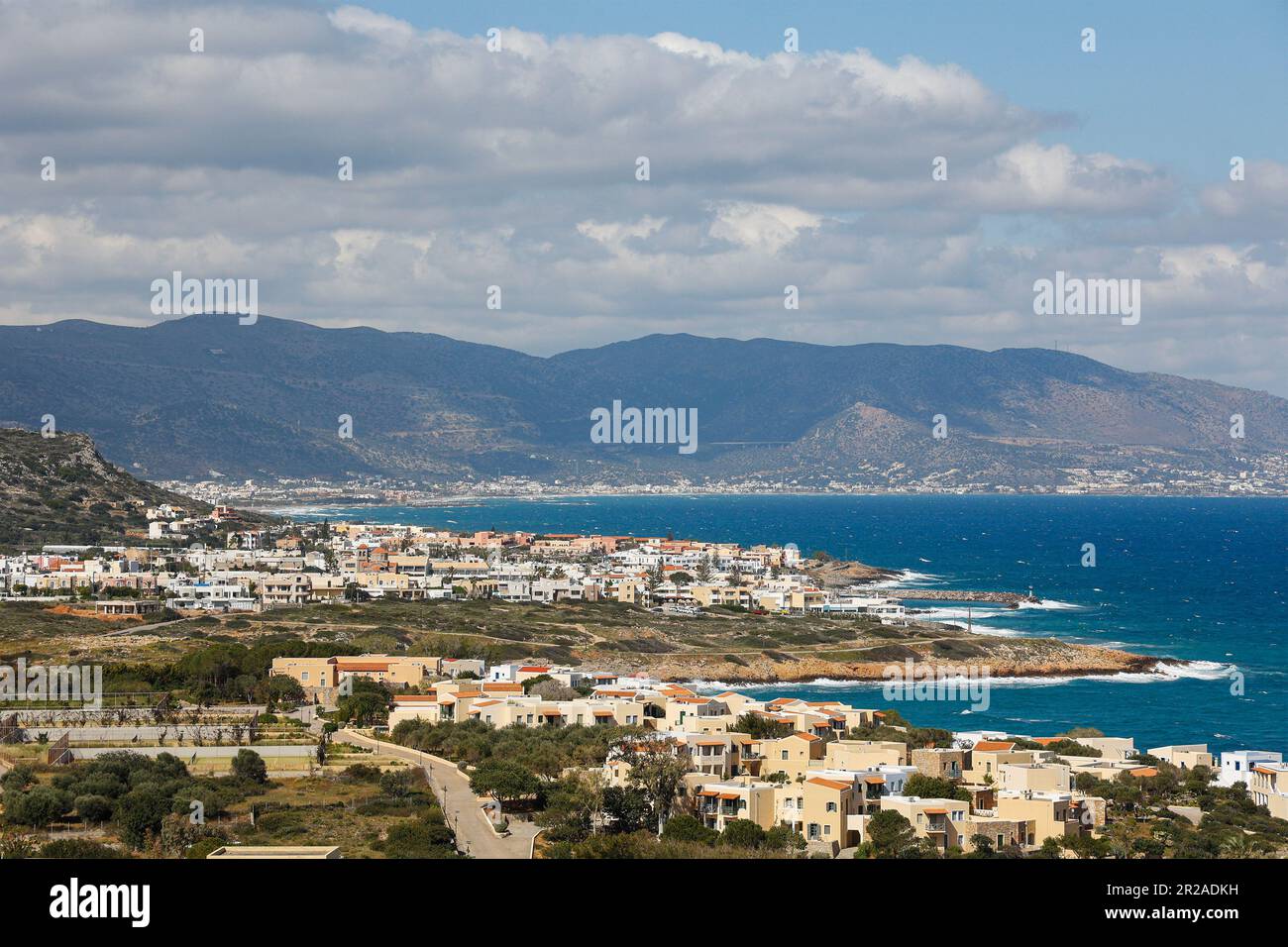 Elevated view of Kalimera Kriti Resort and the village of Sisi, Lasithi ...