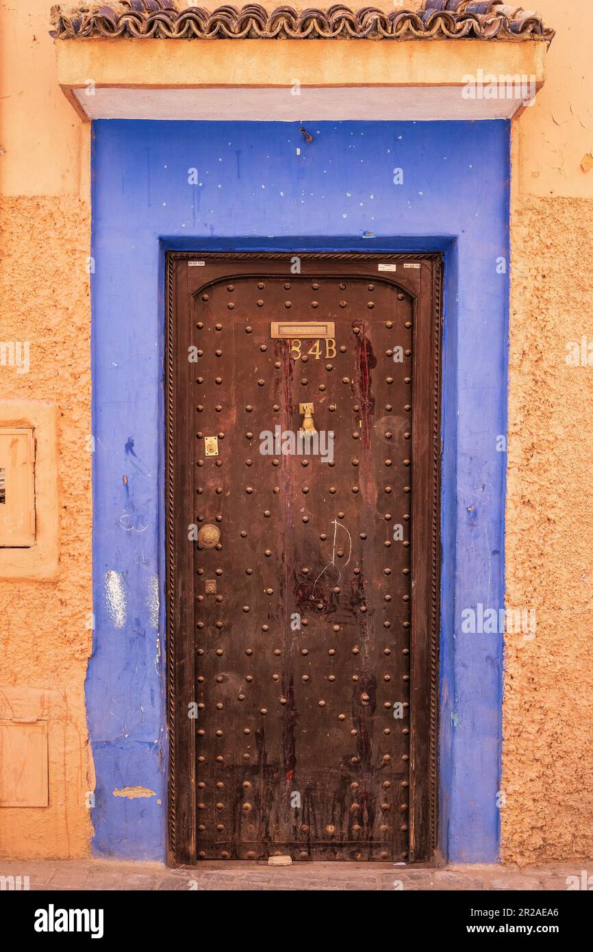 Beautiful ancient arabic blue house door, Marrakech Kasbah, Morocco ...