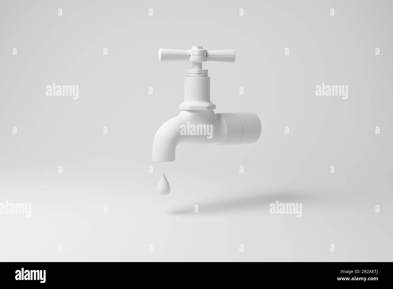 Water tap (faucet) dripping a water droplet with shadow on white ...
