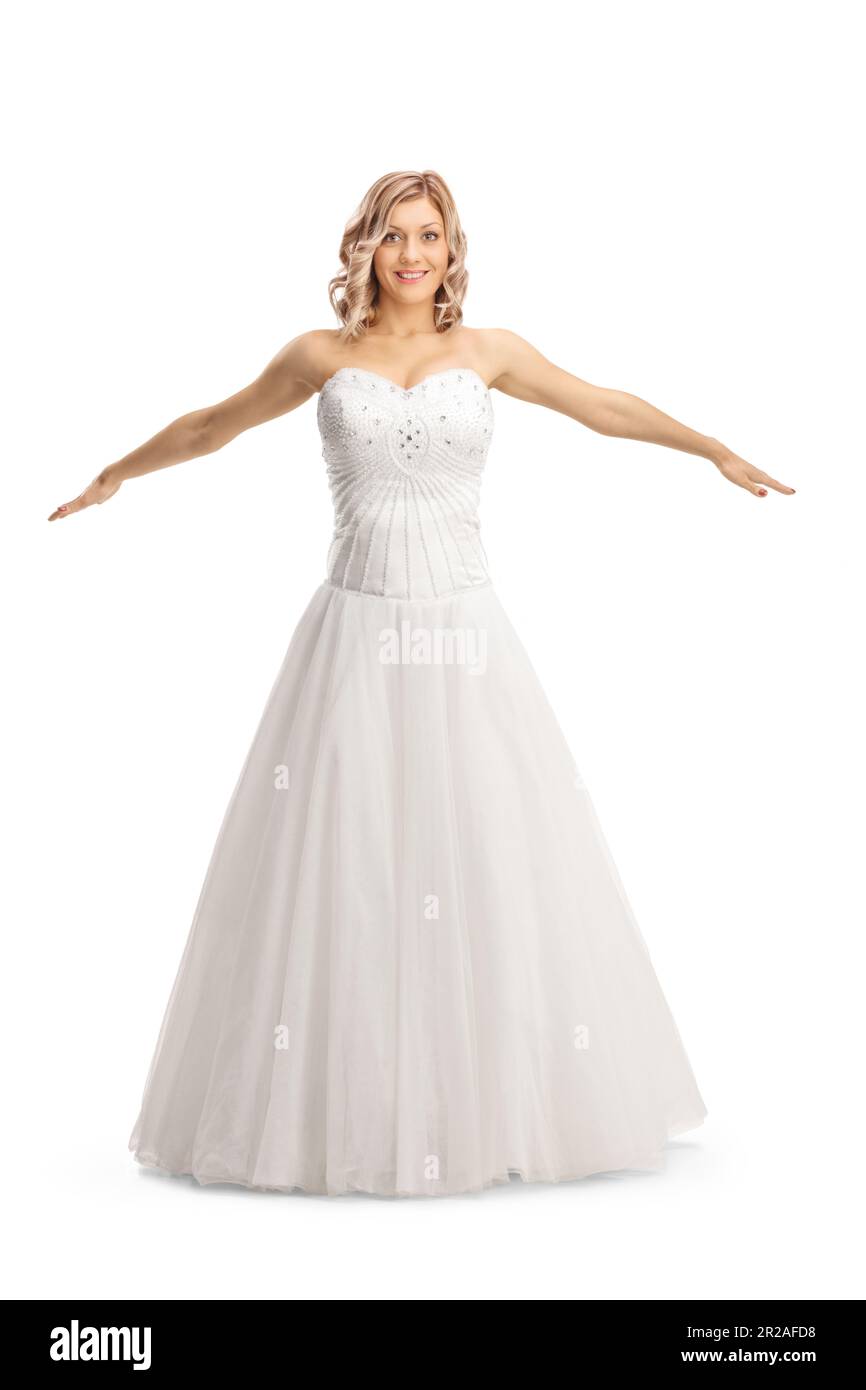 Beautiful bride in a gown spreading arms isolated on white background ...