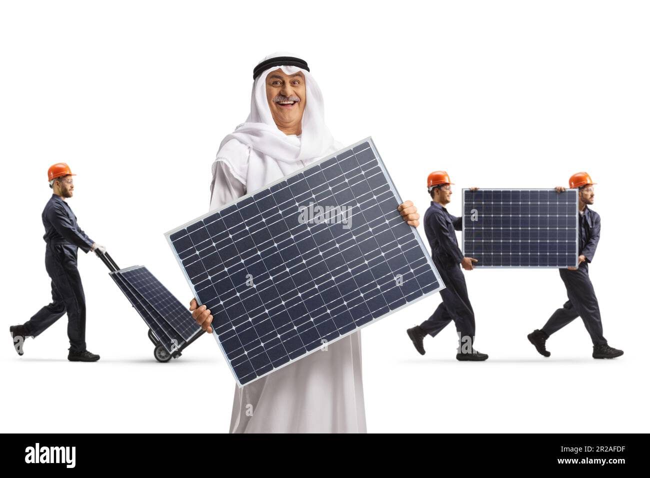 Arab man holding a photovoltaic panel and workers carrying panels in ...