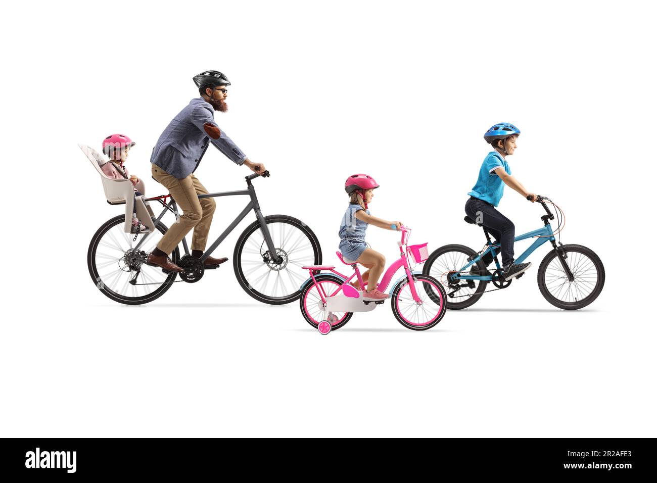 Father with three children riding bicycles isolated on white background ...
