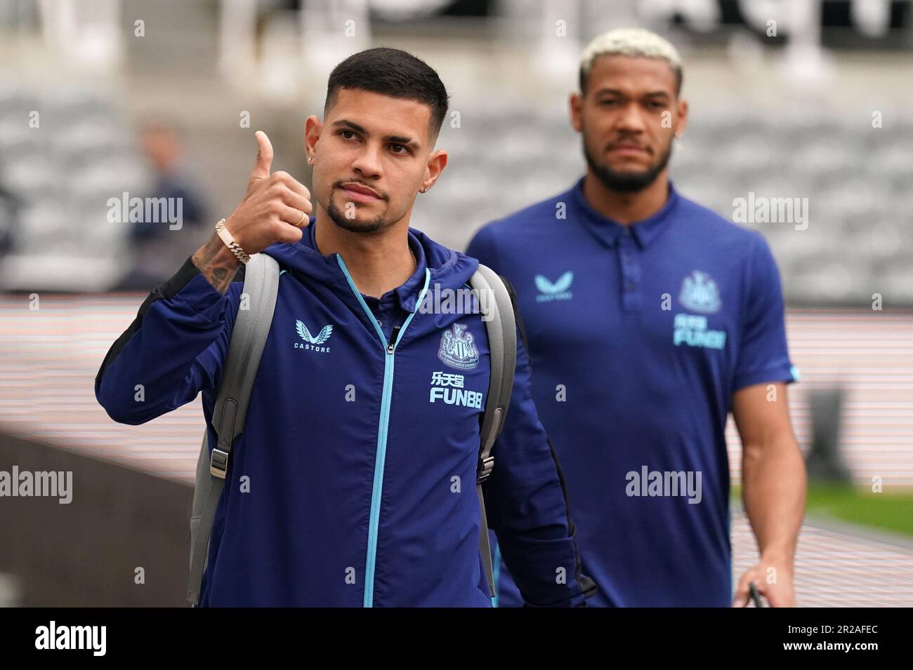 Newcastle United's Bruno Guimaraes (left) and Joelinton arrive for the ...