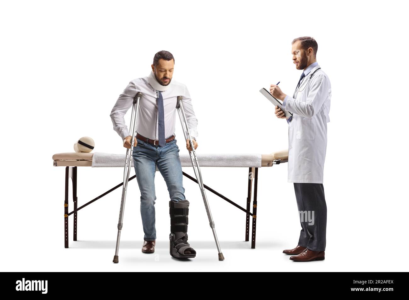 Man with injuries practicing a physical therapy and walking with a ...