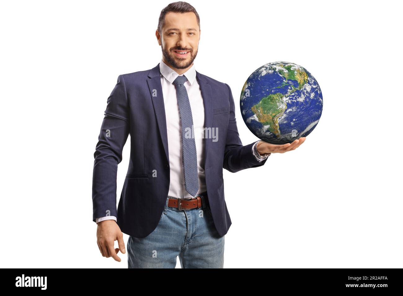 Young man holding the planet earth on his hand isolated on white ...