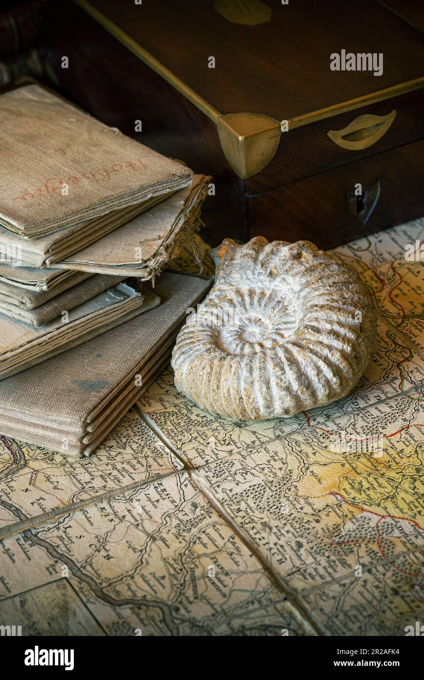 Ancient topographic maps on a table, with an old wooden box and an ...