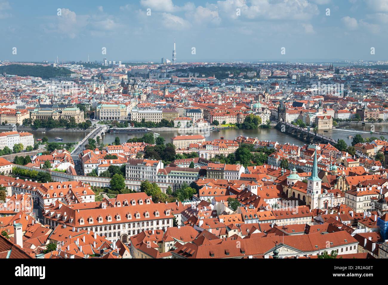 Aerial panoramic view of Prague, with Charles Bridge and other ...