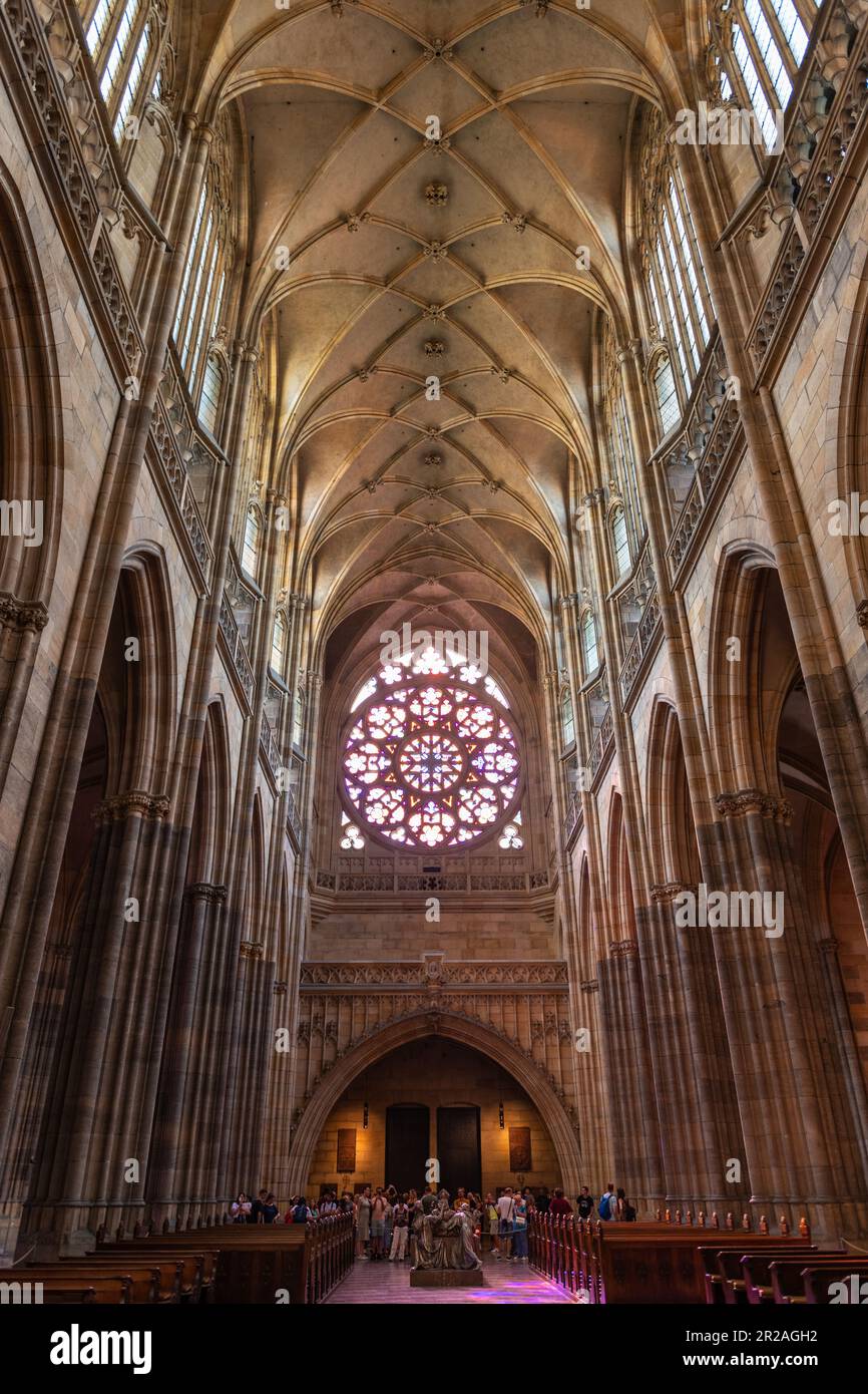 PRAGUE, CZECH REPUBLIC - AUGUST 25, 2022: Inside view of the main nave ...