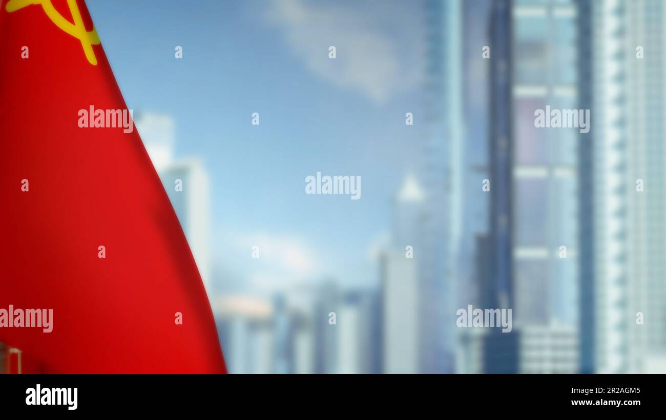 flag of Soviet Union (USSR, SSSR) on modern city architecture bokeh bg ...