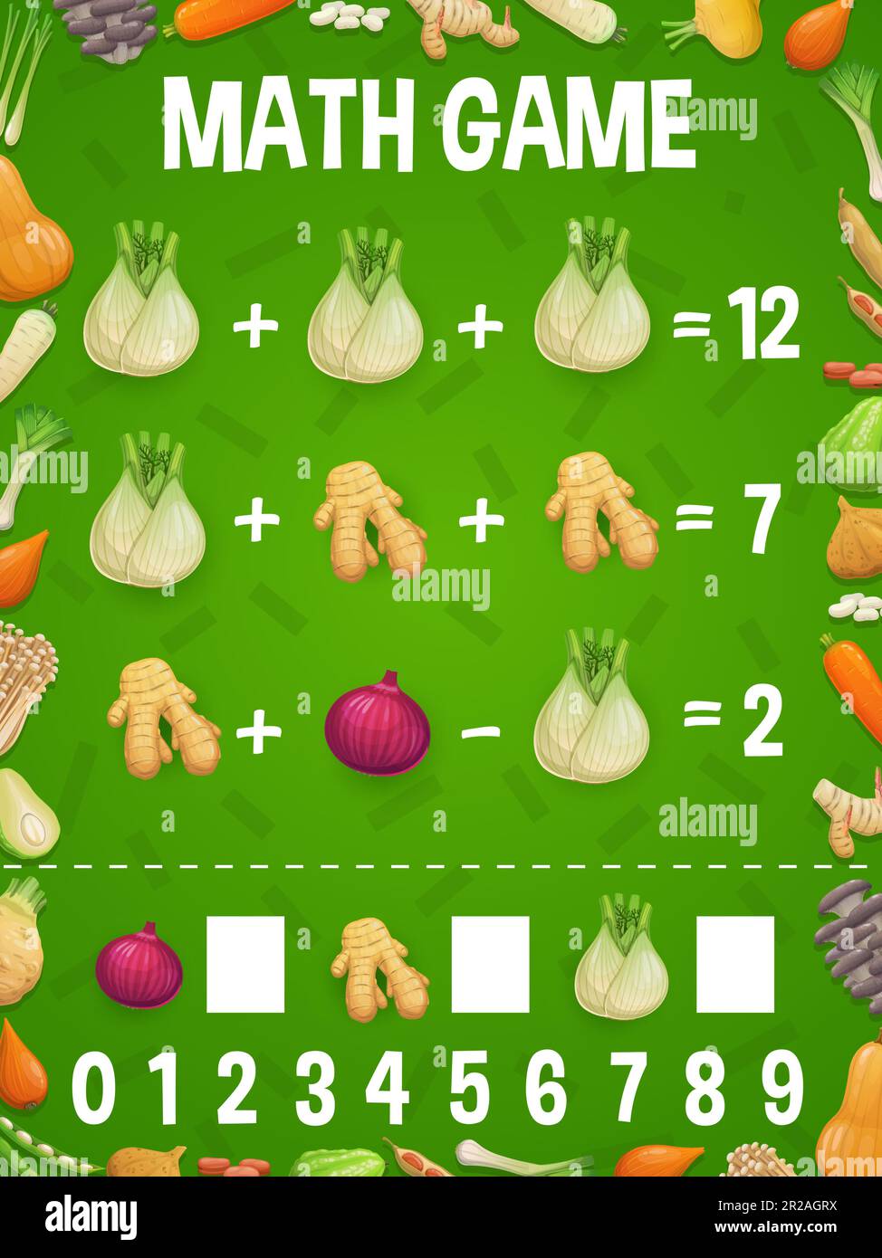 Math game worksheet, cartoon ginger and onion vegetables, vector ...