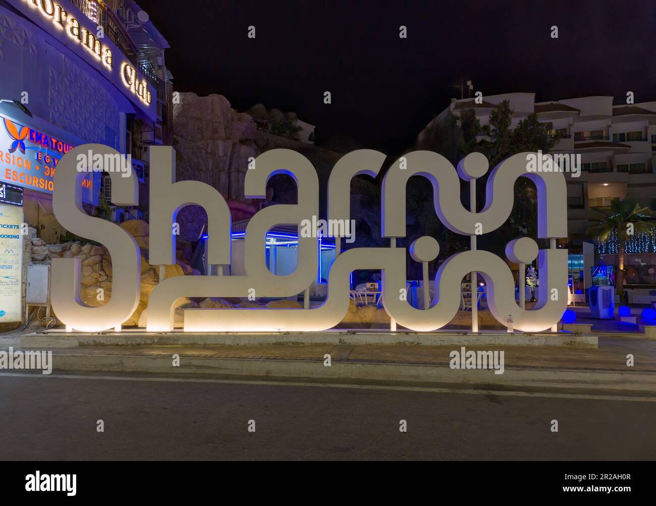 A large sign at night in Naama Bay, Sharm el Sheikh, Egypt Stock Photo ...