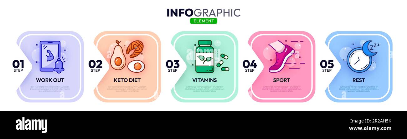 Line infographics. Keto diet, nutrition, rest, vitamins and workout ...