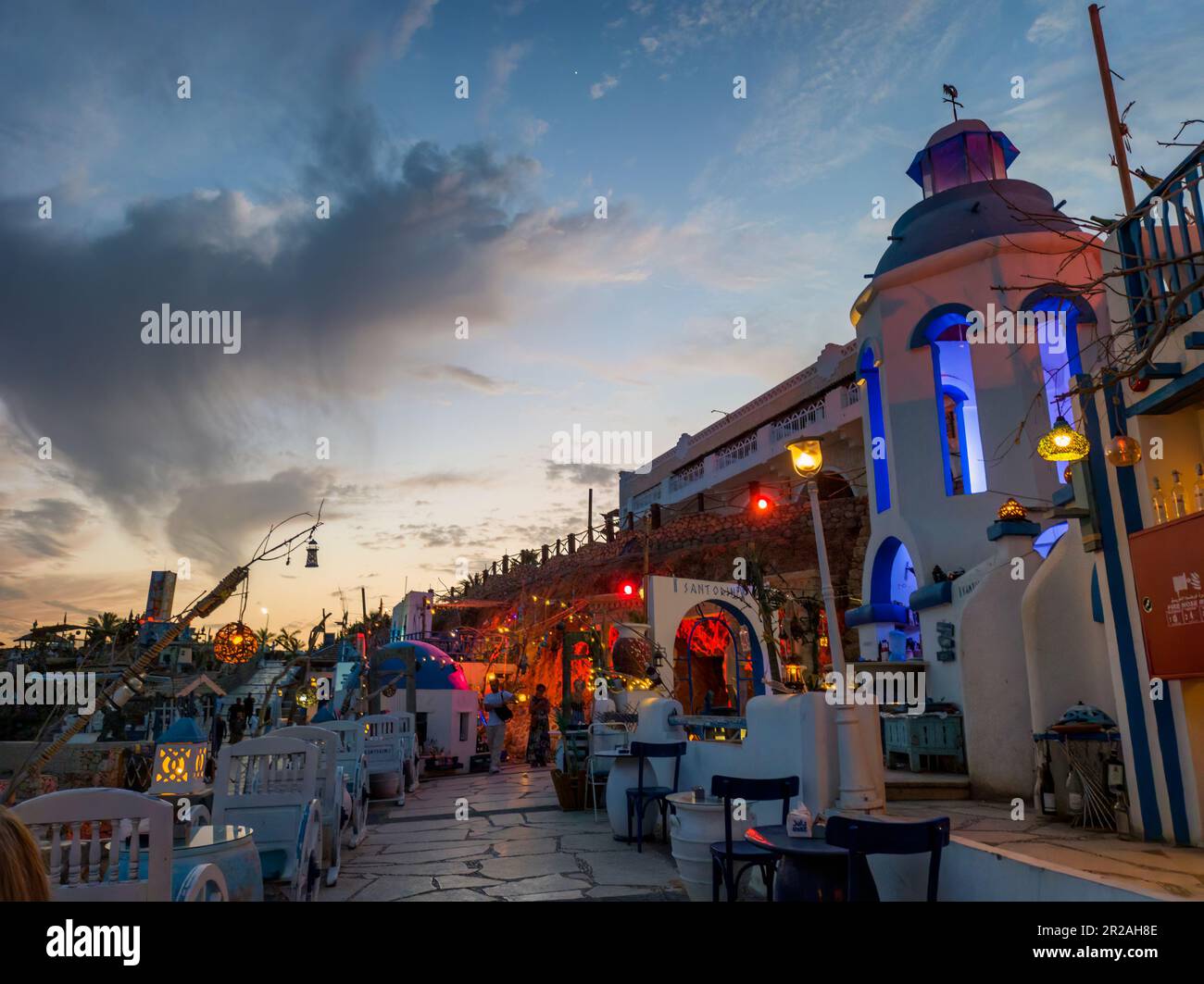 Cafes and restaurants on the cliffs at sunset in Hadaba, Sharm el ...
