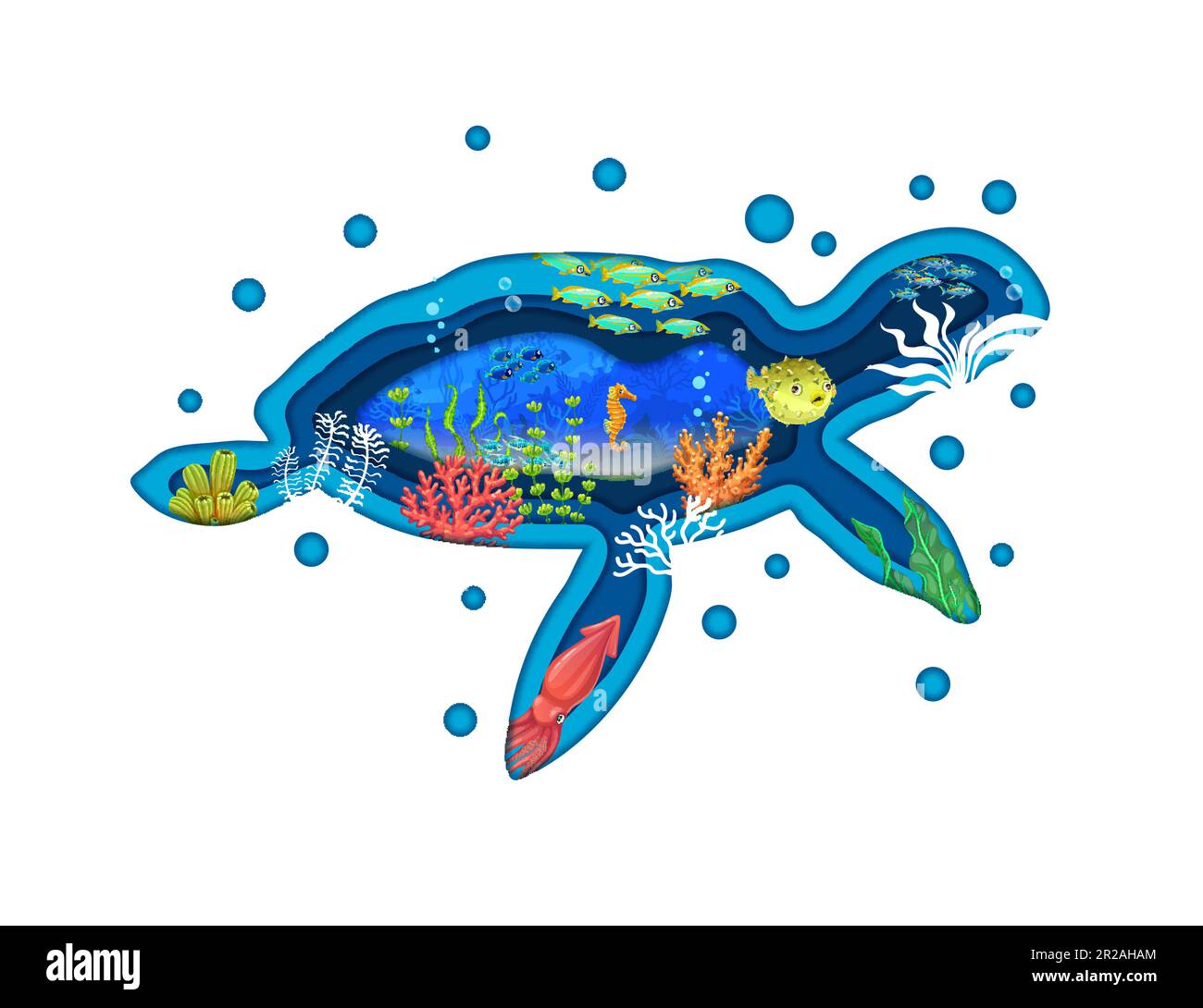 Cartoon sea turtle paper cut silhouette with underwater landscape of ...