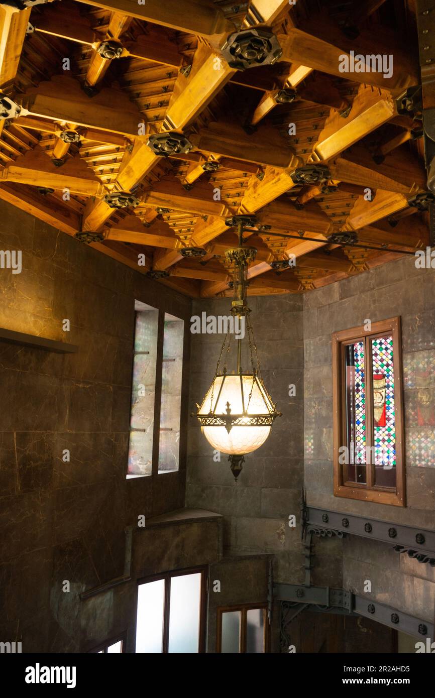 Coffered ceiling in the atrium of Palace Guell, designed by Gaudi. The ...