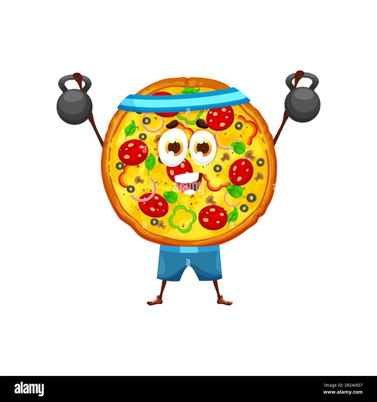 Cartoon pizza character with training weights. Fast food vector ...