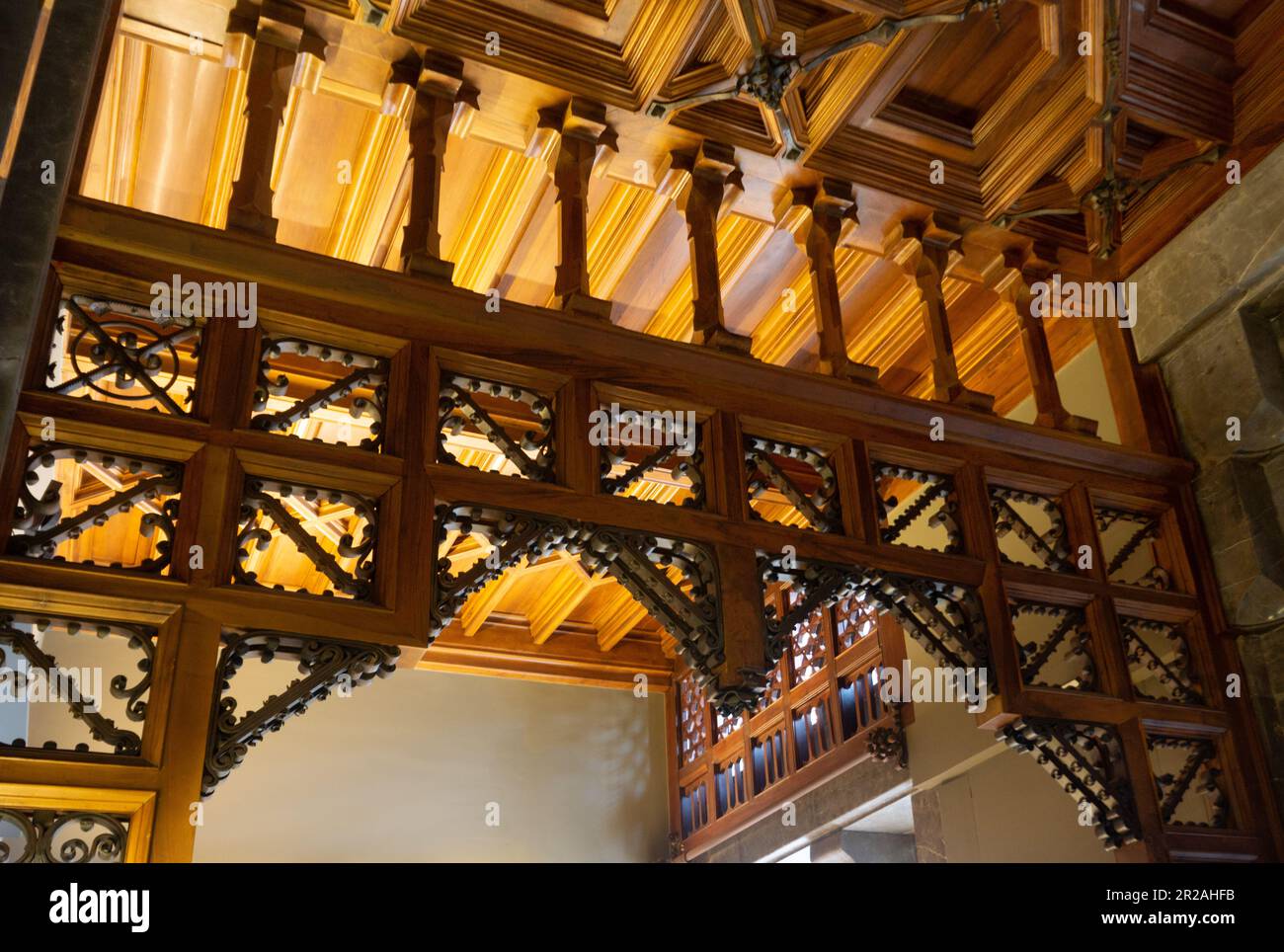Fretwork & coffered ceiling in the atrium of Palace Guell, designed by ...
