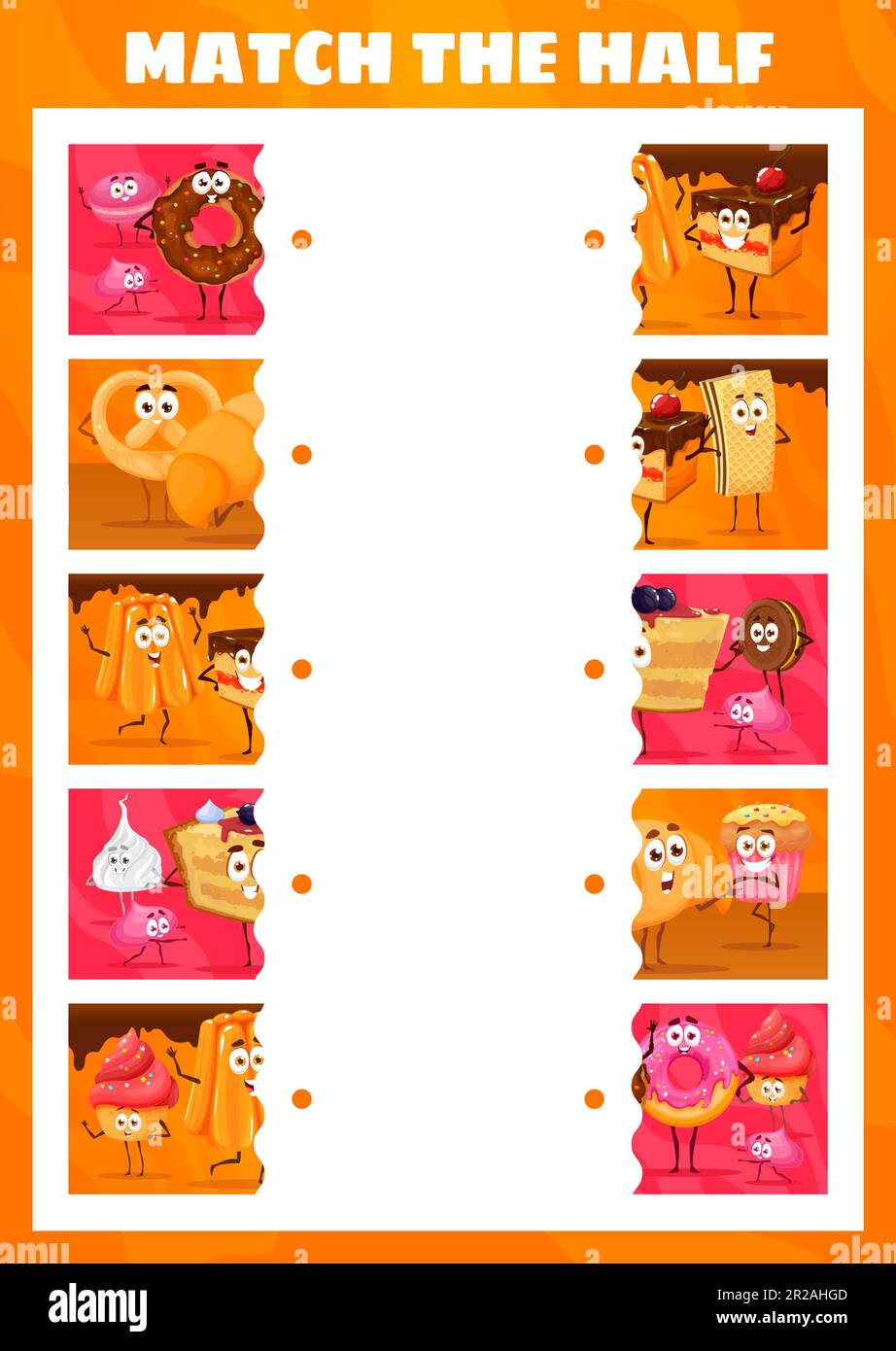 Match the half of cartoon bakery, sweets and dessert characters. Vector ...