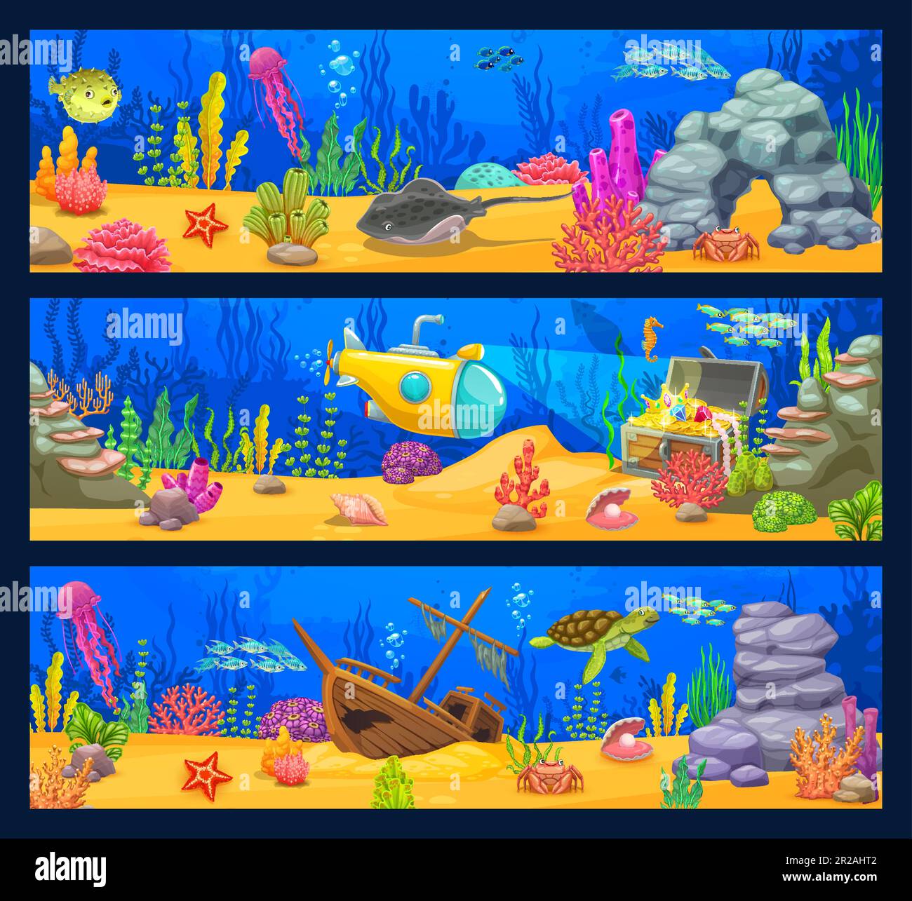 Underwater landscape, cartoon sea animals, seaweed, submarine and ...
