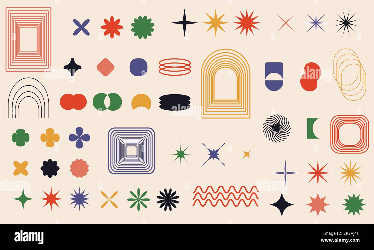 Swiss bauhaus y2k brutalist elements. Abstract geometric shapes, contemporary flower, star ...