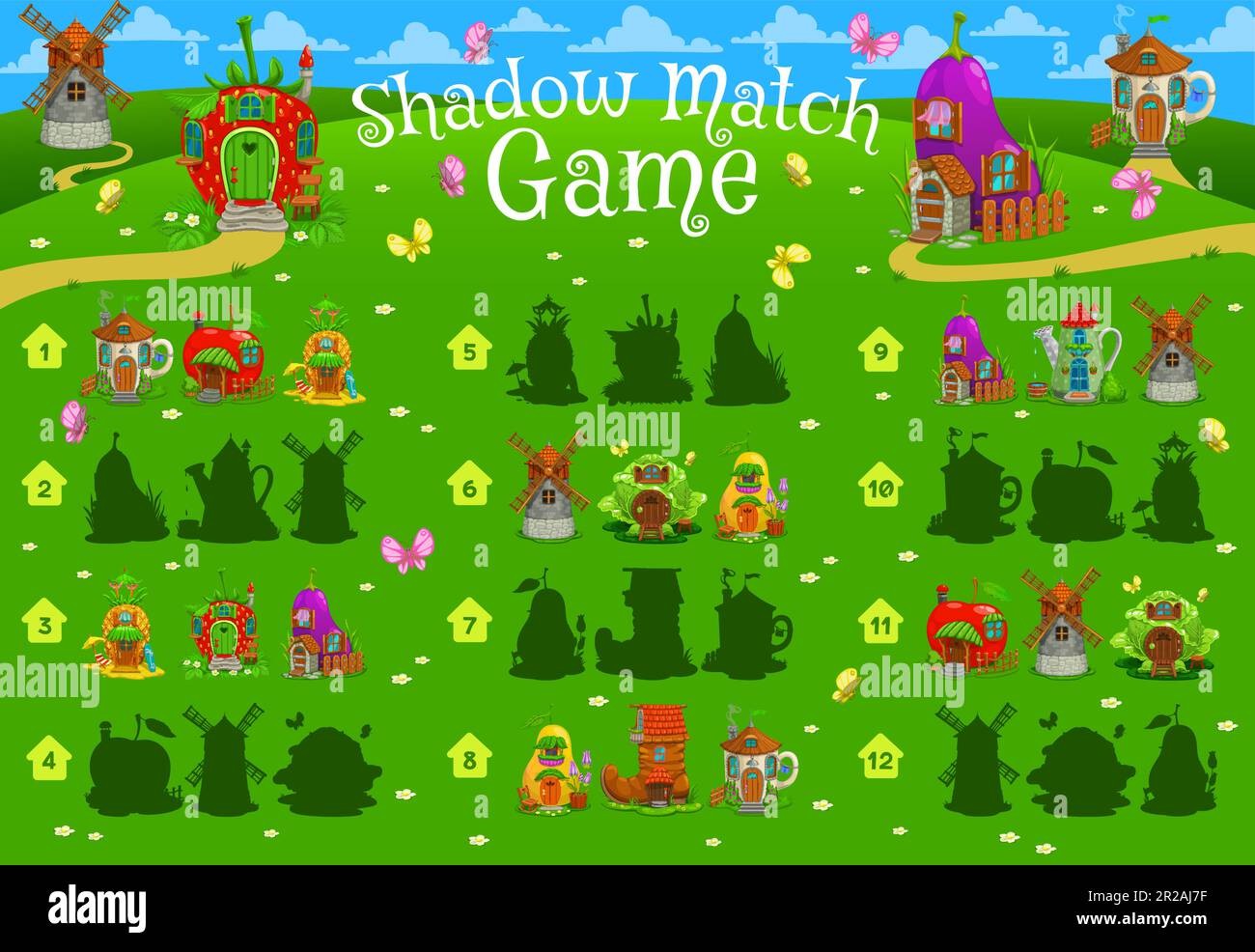 Shadow match game fairytale magic houses and dwellings. Kids vector ...