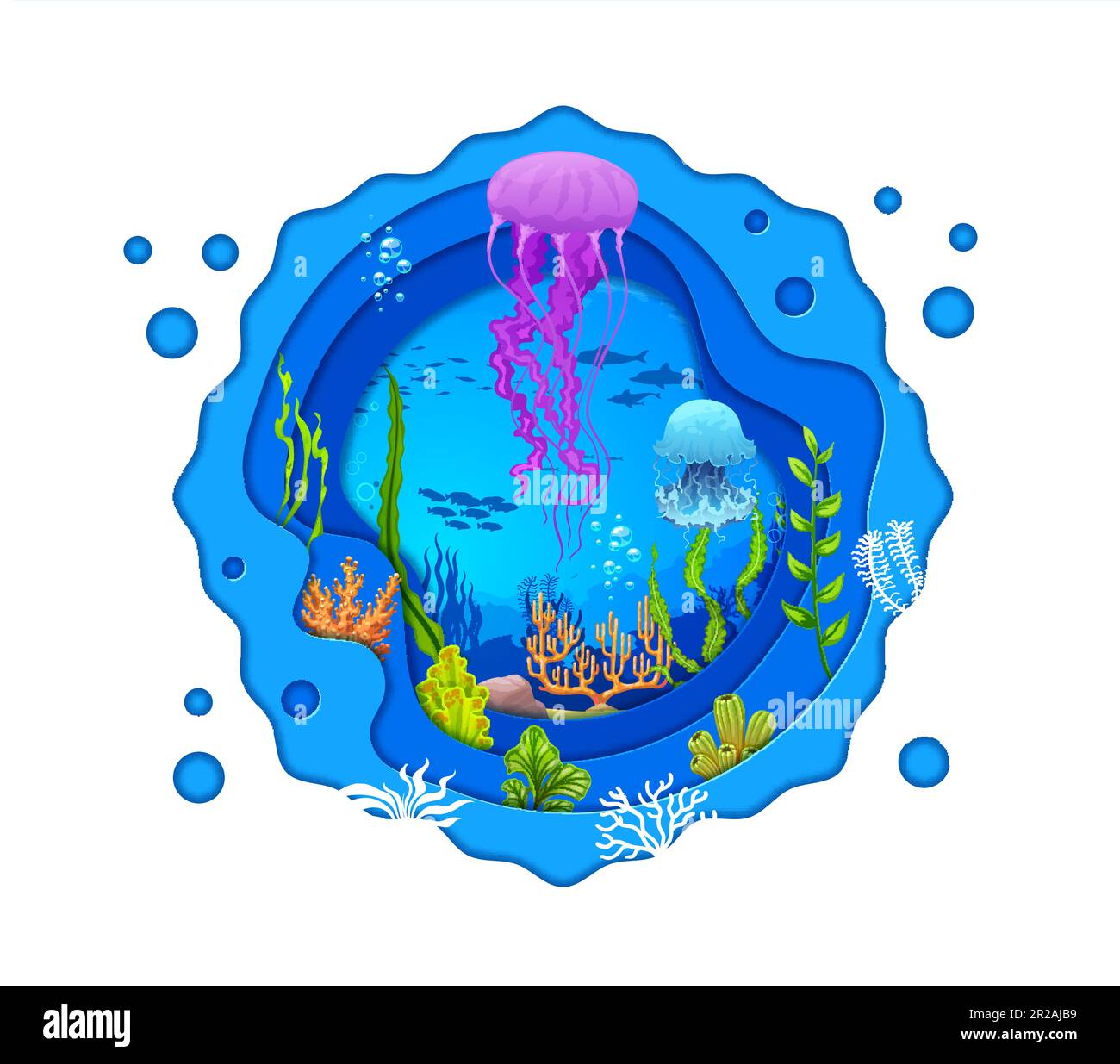 Sea underwater paper cut landscape with cartoon jellyfish and seaweed ...
