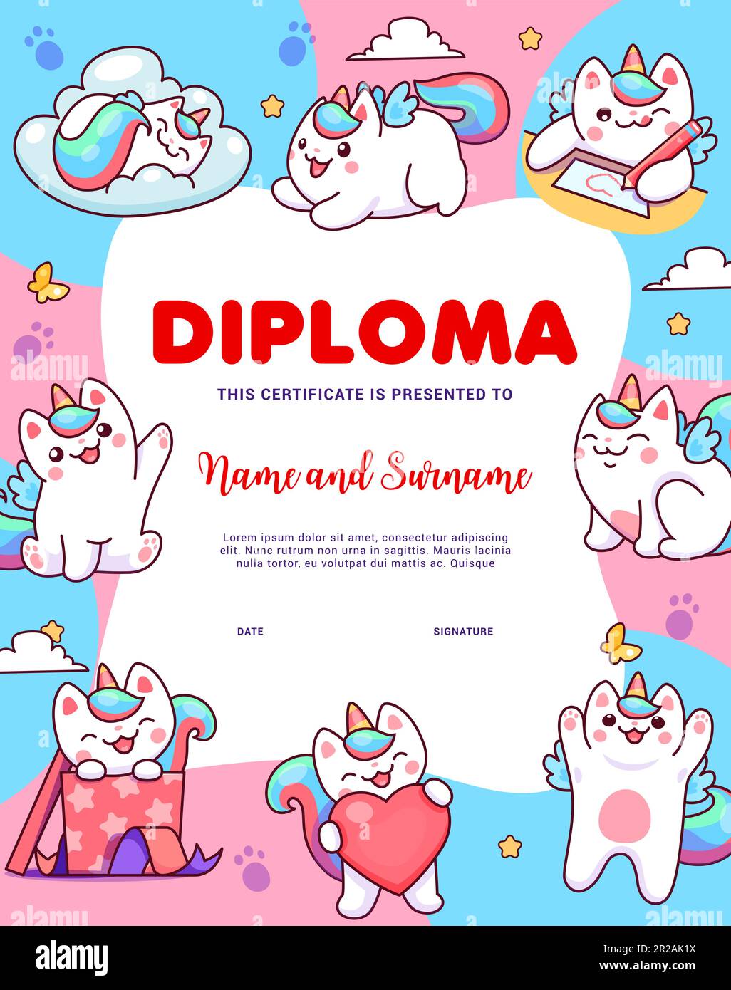 Kids diploma, cartoon caticorn cats and kitten characters. Vector ...