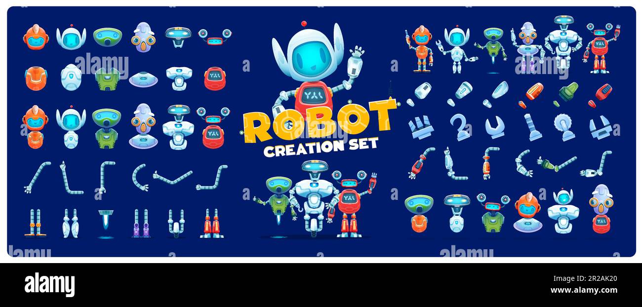 Robot creation kit. Cartoon character constructor and animation asset. Vector set of editable ...