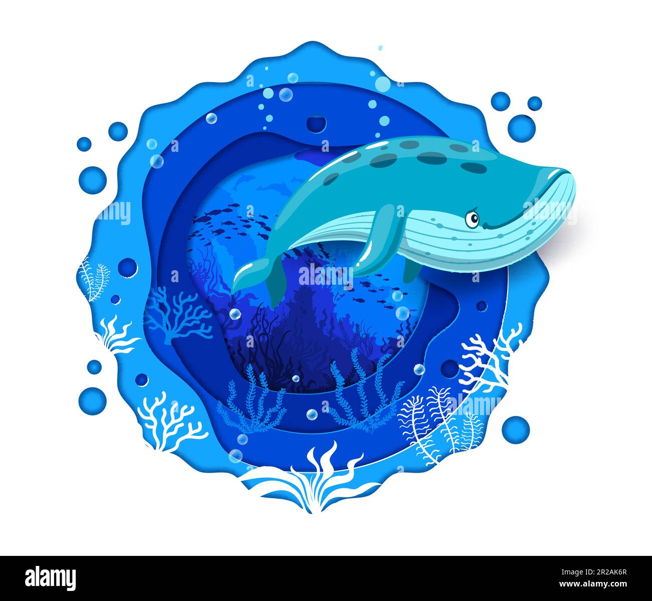 Cartoon blue whale and sea paper cut landscape with fish shoal and ...
