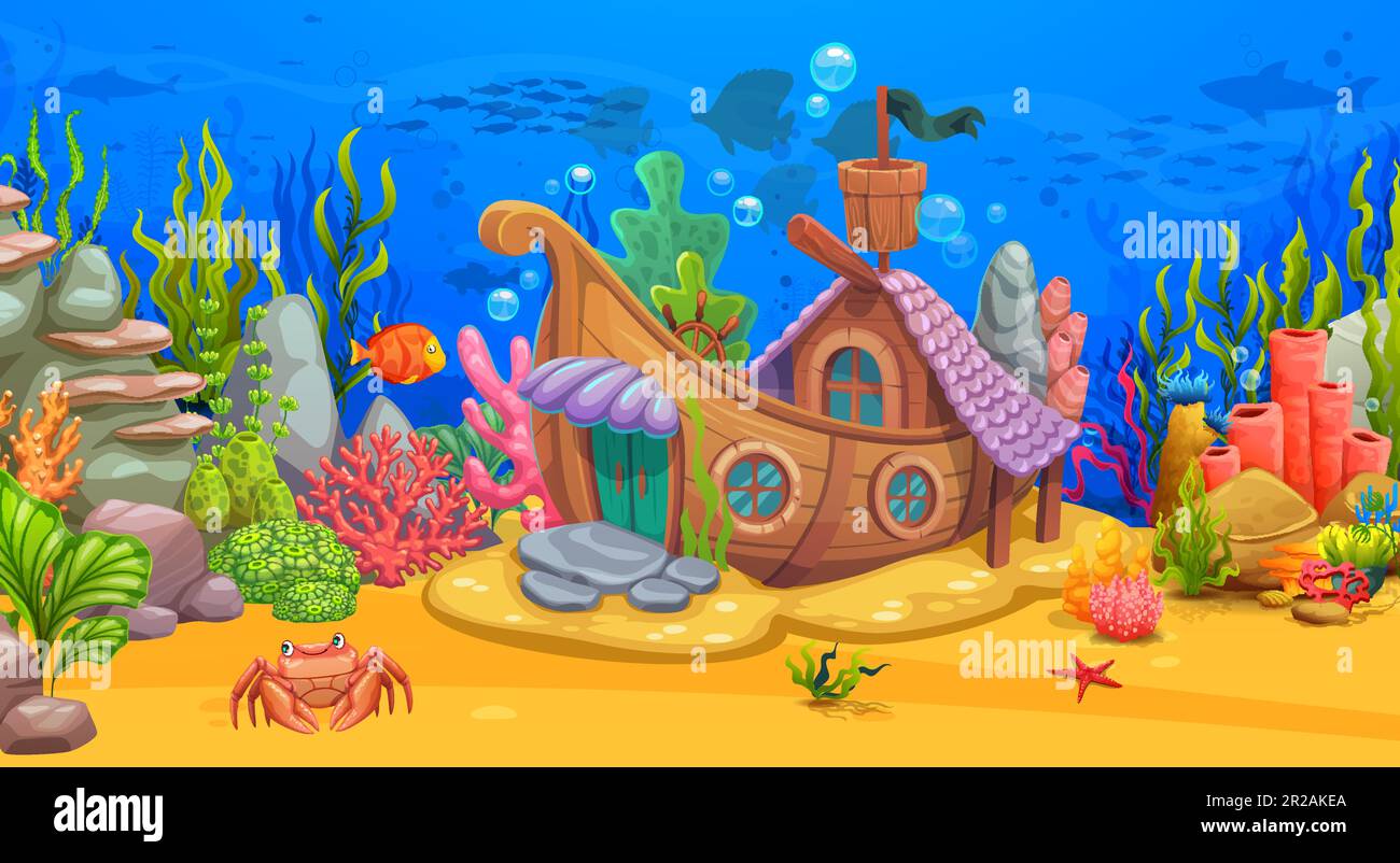 Cartoon underwater sea landscape with sunken boat and seaweeds. Vector ...