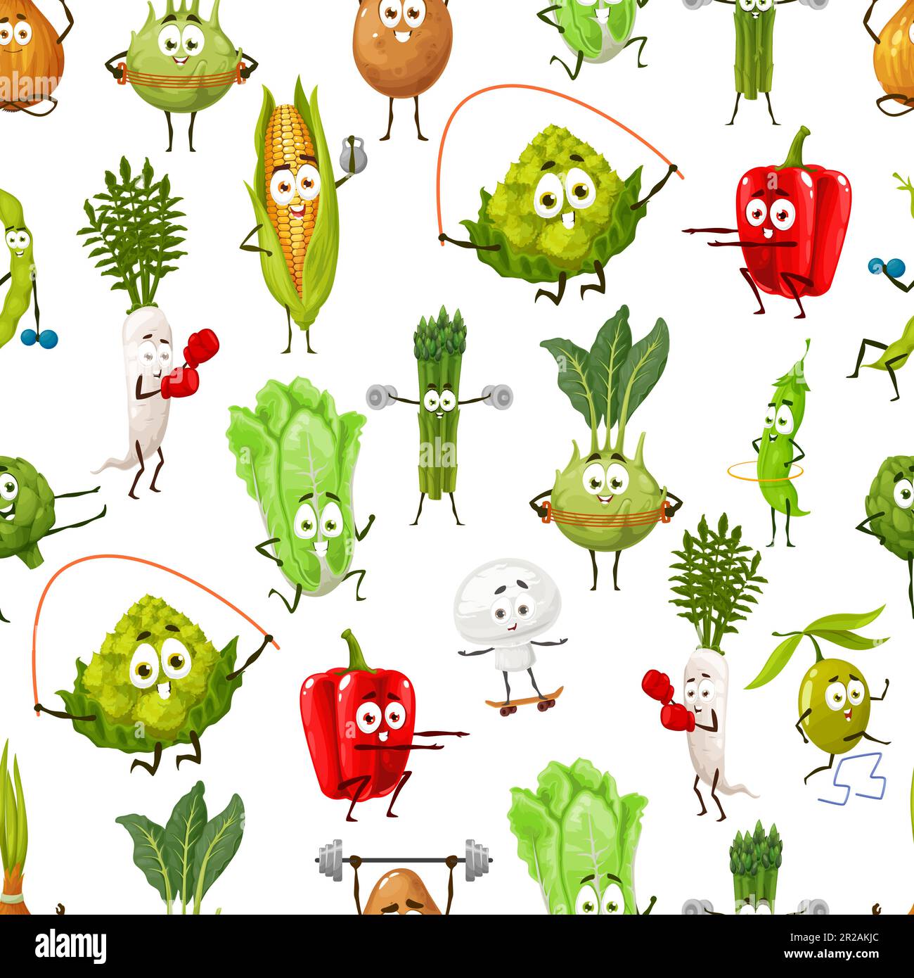 Cartoon vegetable characters on fitness. Seamless pattern with happy ...