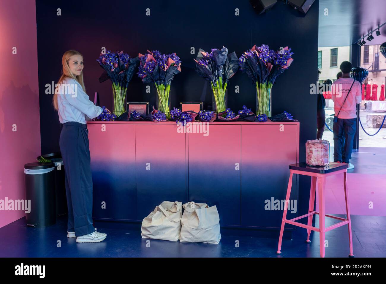 Complementary bouquets of irises at a brand activation for Giorgio ...