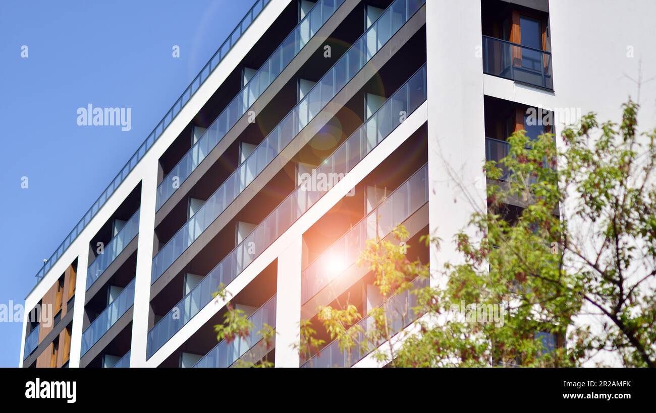 Eco architecture. Green tree and new apartment building. The harmony of ...