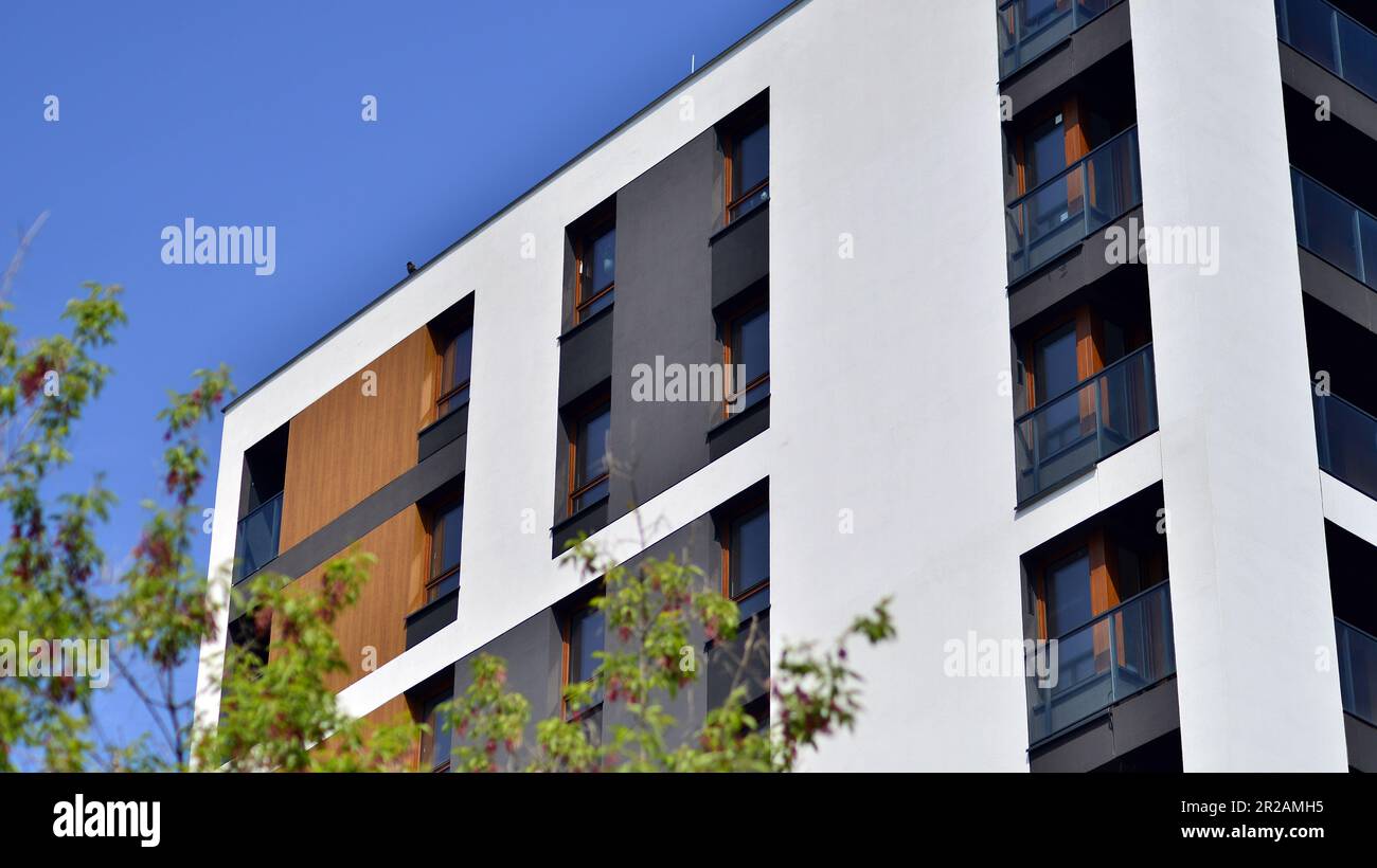 Eco architecture. Green tree and new apartment building. The harmony of ...