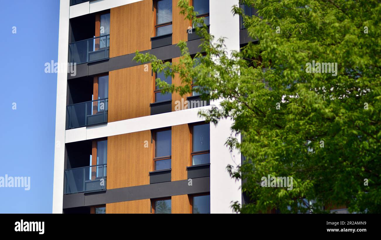 Eco architecture. Green tree and new apartment building. The harmony of ...