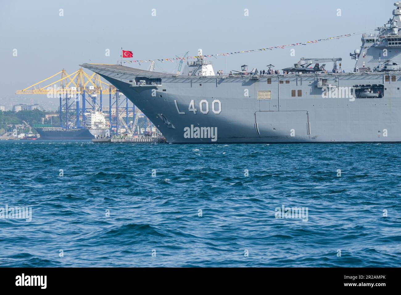 Istanbul, Turkey. 17th May, 2023. Turkey's largest warship TCG Anadolu docked at Sarayburnu Port ...
