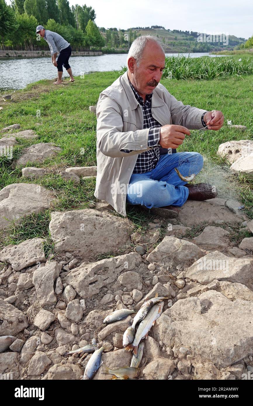 May 17, 2023, Diyarbakir, Turkey: A fisherman is seen removing fish he ...