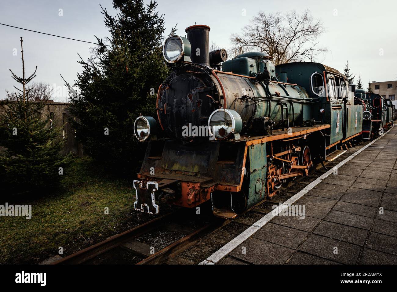 Vintage locomotive, steam train in an outdoor depot Stock Photo - Alamy