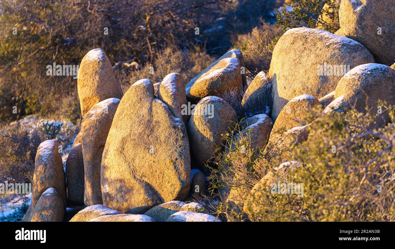 Grouping of rocks with snow on top during winter in Joshua Tree ...