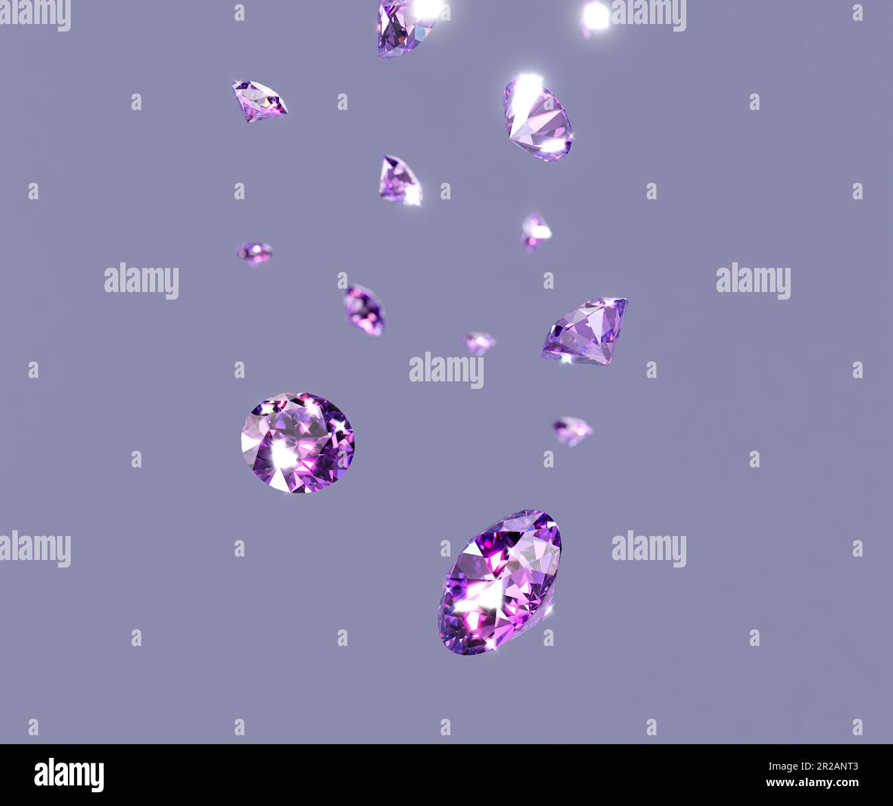 Round purple gems and jewelry diamond groups falling background 3d ...