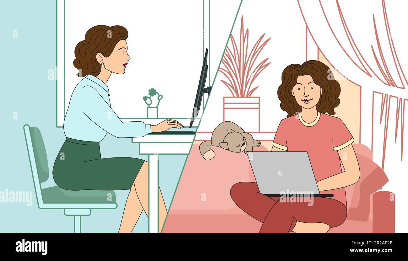 Business woman at hybrid job sitting at table between office and home ... Business woman at hybrid job sitting at table between office and home ...