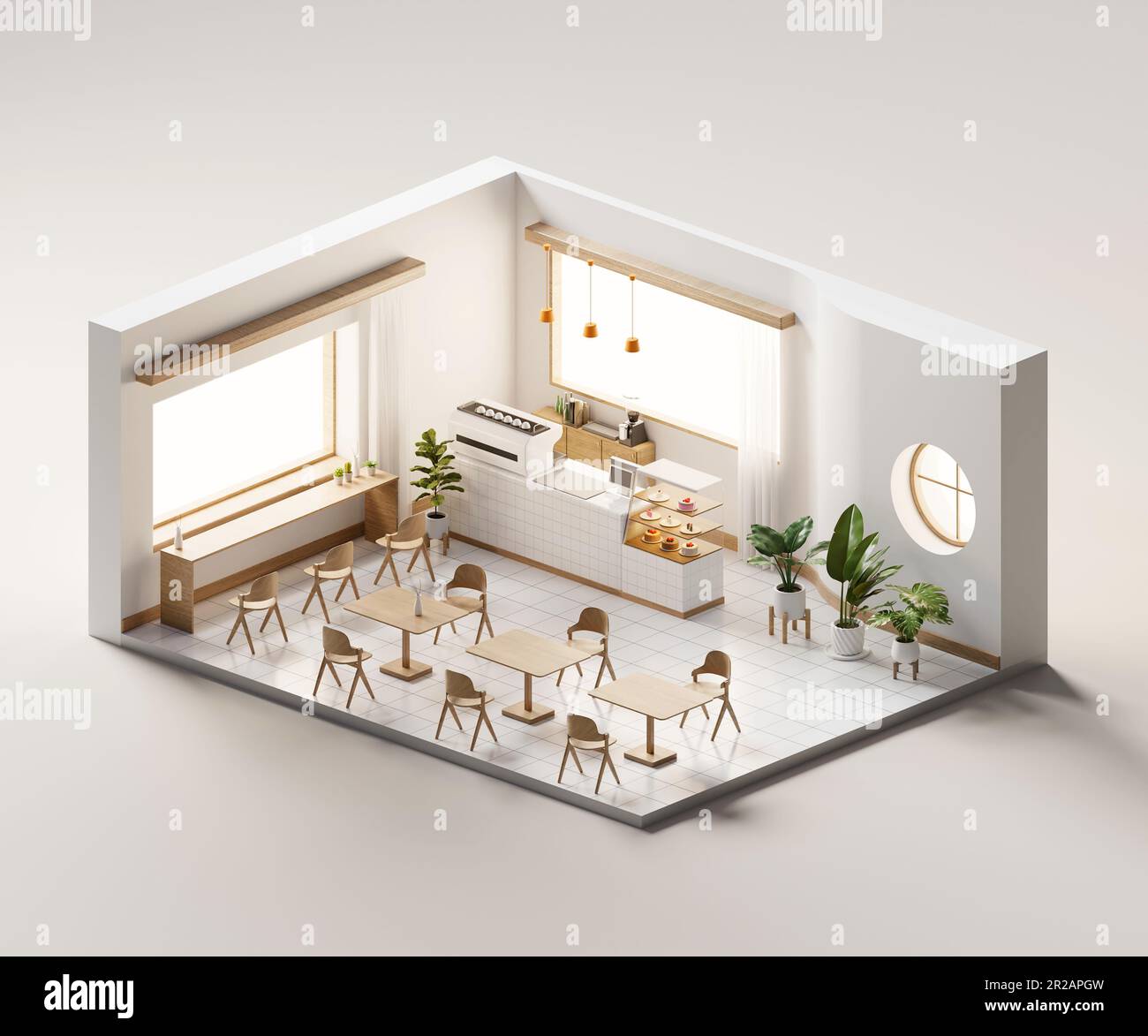 Isometric view minimal cafe store open inside interior architecture, 3d rendering digital art ...