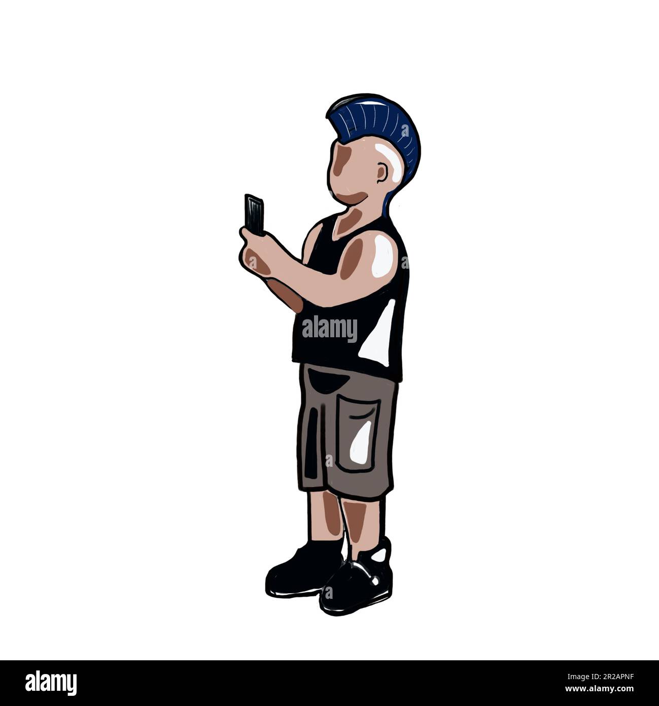 a young punk takes pictures on his phone, isolate on a white background ...