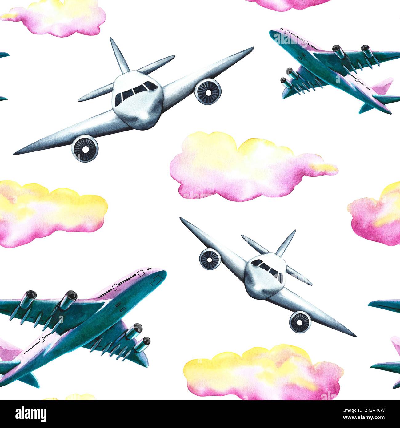Seamless pattern with passenger planes and clouds, on a white ...