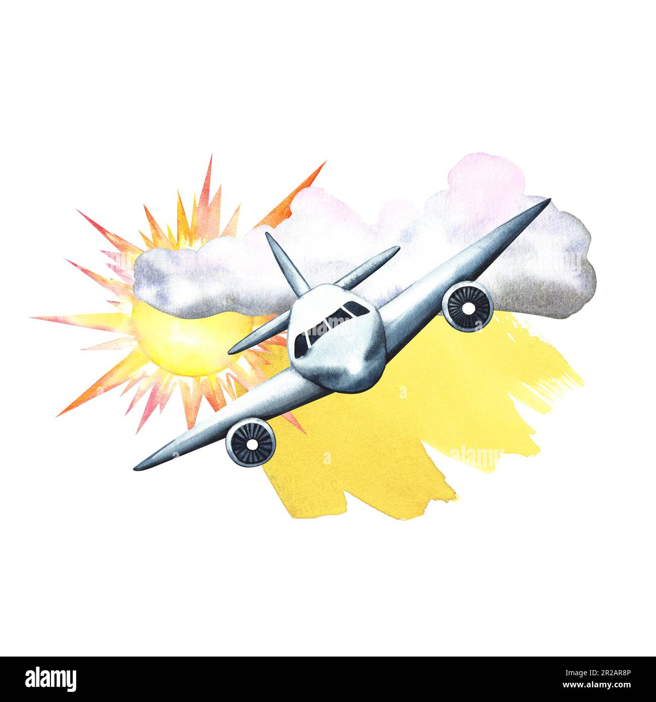 Seamless pattern with passenger planes, sun and clouds on a yellow ...